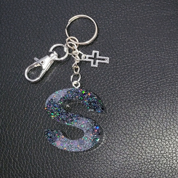 Handmade | Accessories | Holographic Black Glitter Letter S Keychain ...